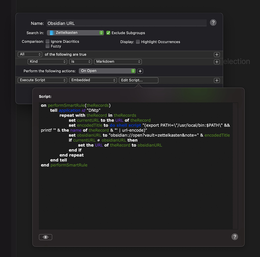 Automation in DEVONthink: populate `URL` metadata fields with Obsidian's URL scheme - Share ...