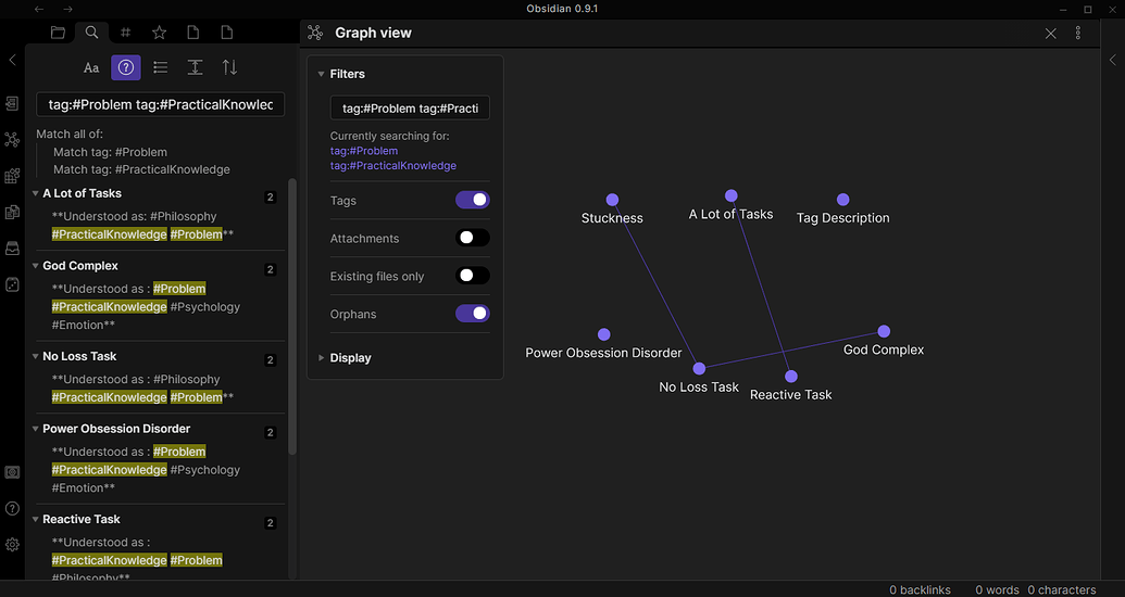 Better tag visualization in graph view: show links between tags, resize ...