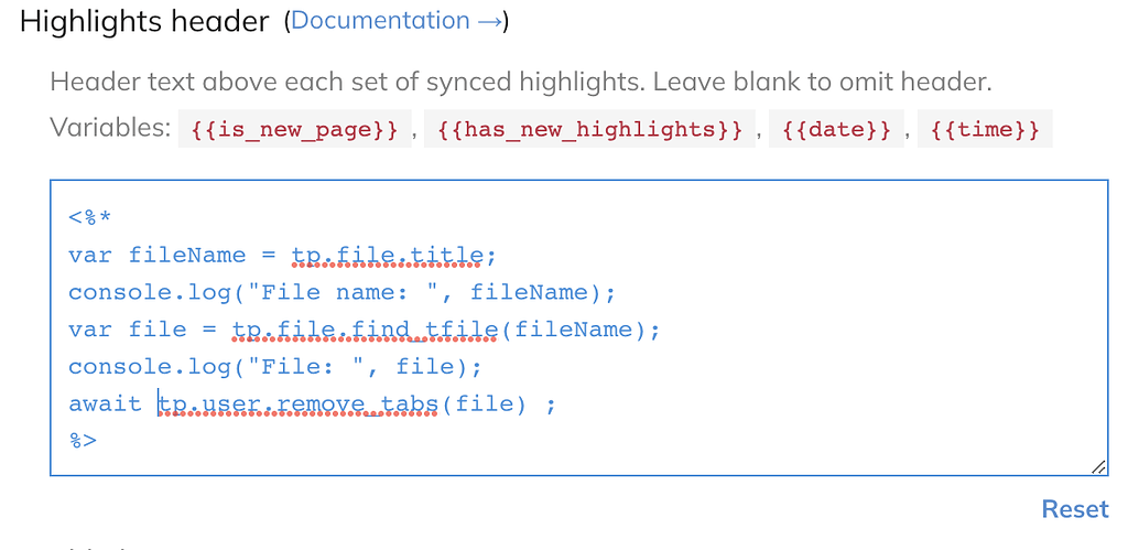 Using templater to automatically remove tabs from files imported by readwise so that note ...