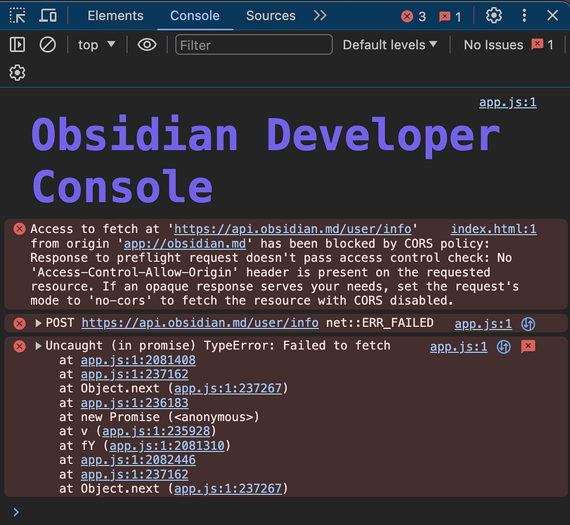 CORS error: Access to fetch at https://api.obsidian.md/user/info from origin app://obsidian.md ...