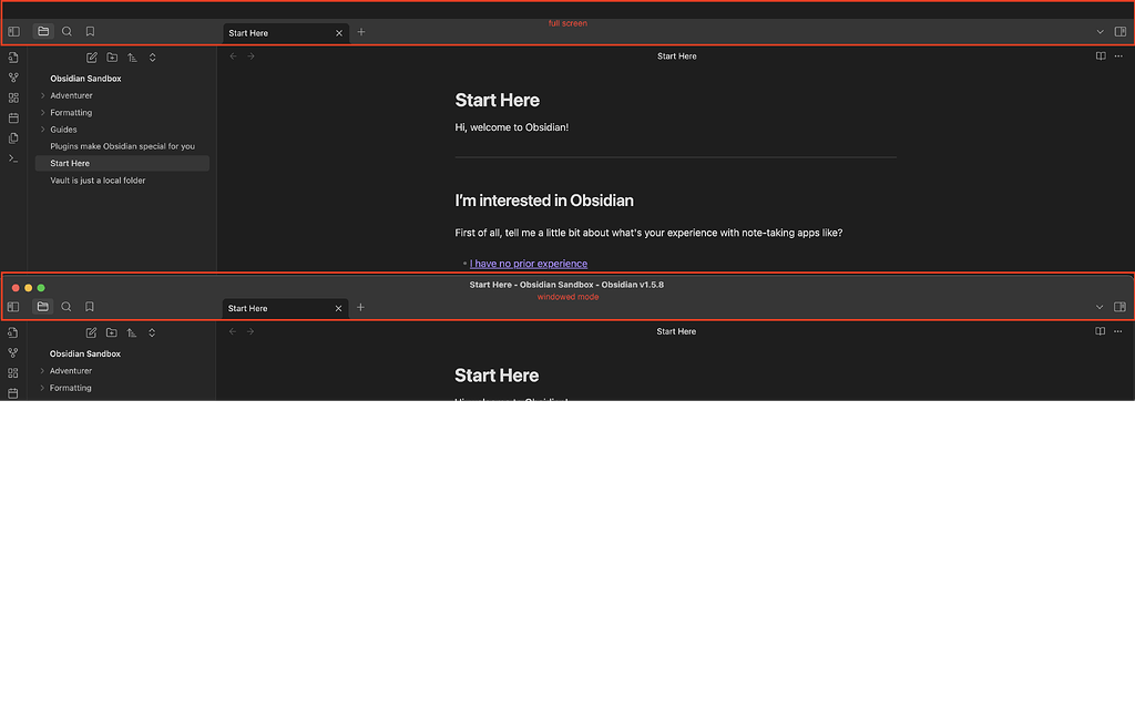 Window frame style (Obsidian frame): Full screen different from windowed mode - Bug graveyard ...