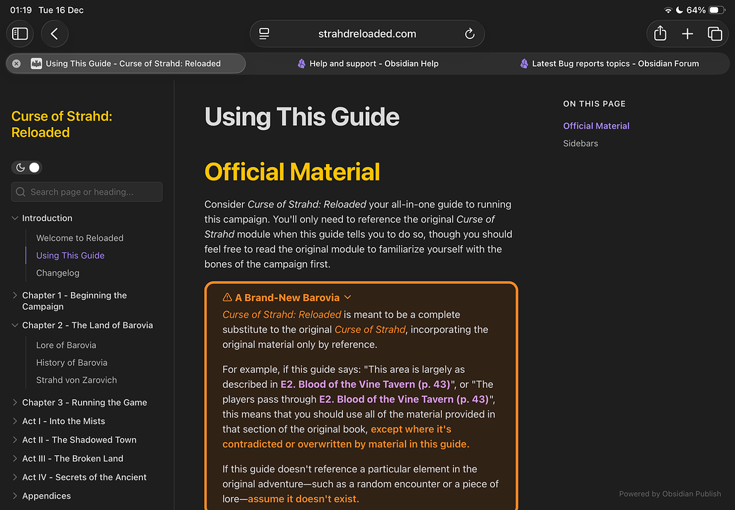 Obsidian Publish webpage on a device running on iOS 26.2 Main pane not ...