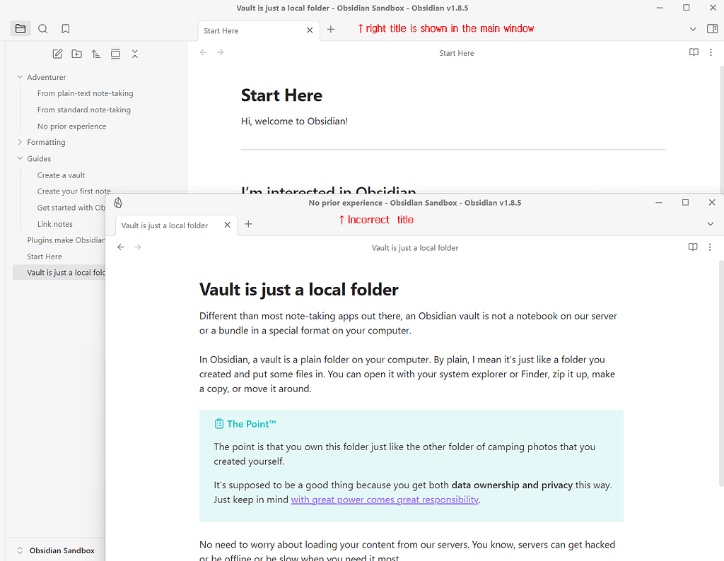 Incorrect filename display title bar when using pop up windows - Bug graveyard - Obsidian Forum