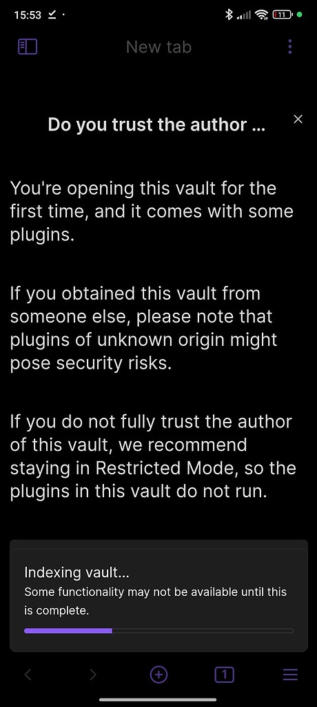 "Indexing Vault" toast blocks "Trust Author" prompt buttons - Bug graveyard - Obsidian Forum