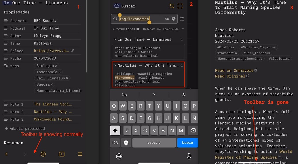 Bottom toolbar dissapears after selecting any tag (SCREENSHOT) - Bug reports - Obsidian Forum