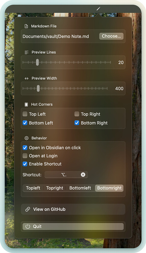 New not a plugin: macOS app Obsidian Hot Corner MD: Quick Note style ...
