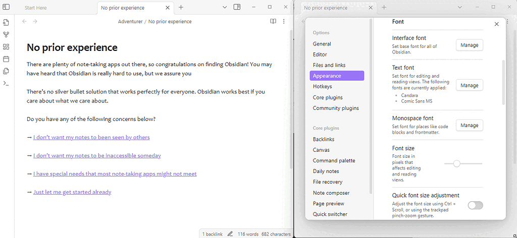 Changing font position in pop-out window (Settings > Appearance) shows ...