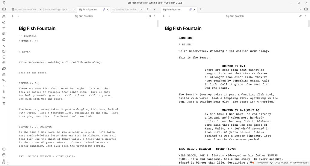 PRO Screenwriting Snippet - Write Screenplays in Markdown, Fountain Plugin Styling, Canvas Index ...