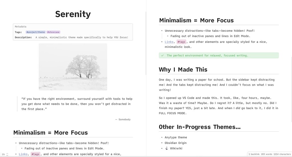 Serenity - Simple, Focused Writing - Share & showcase - Obsidian Forum