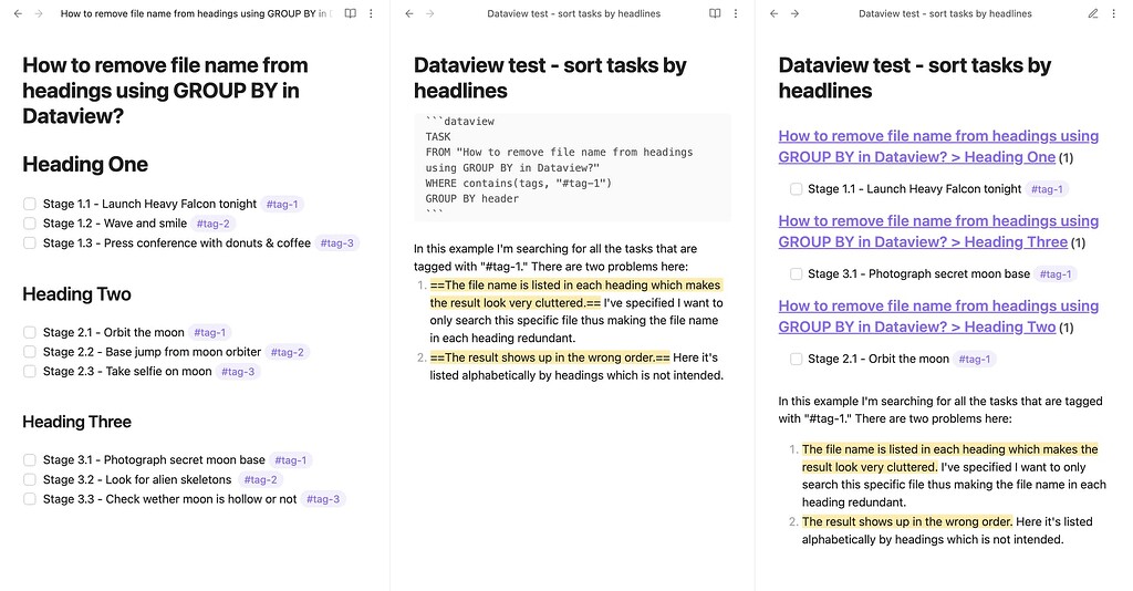 How to remove file name from headings using GROUP BY in Dataview? - Help - Obsidian Forum