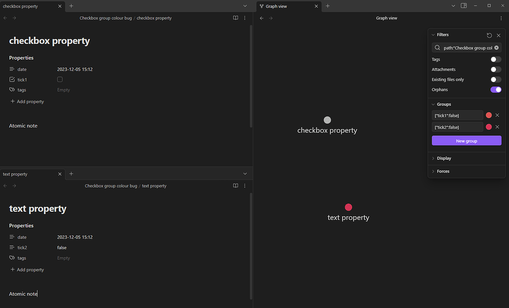 Graph View - Checkbox property not coloured in group colours - Bug graveyard - Obsidian Forum