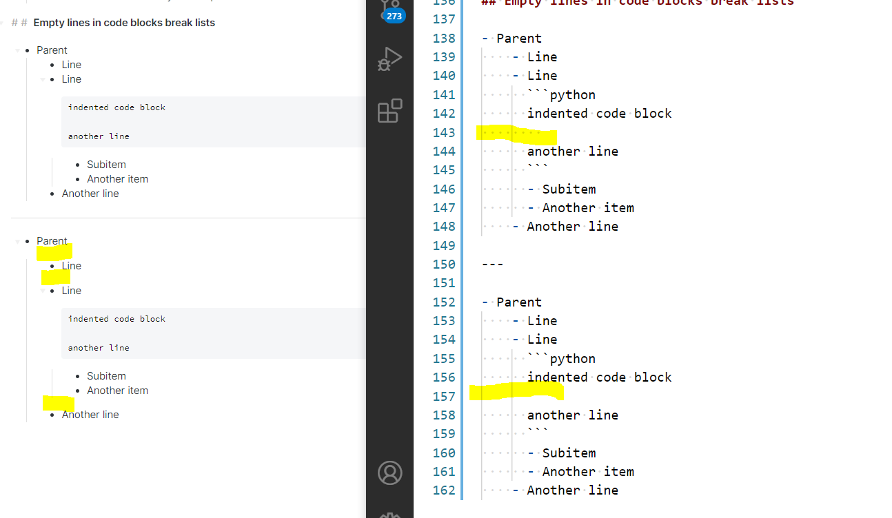 Empty Lines In Code Blocks Mess Up Bullet Lists Bug Reports 