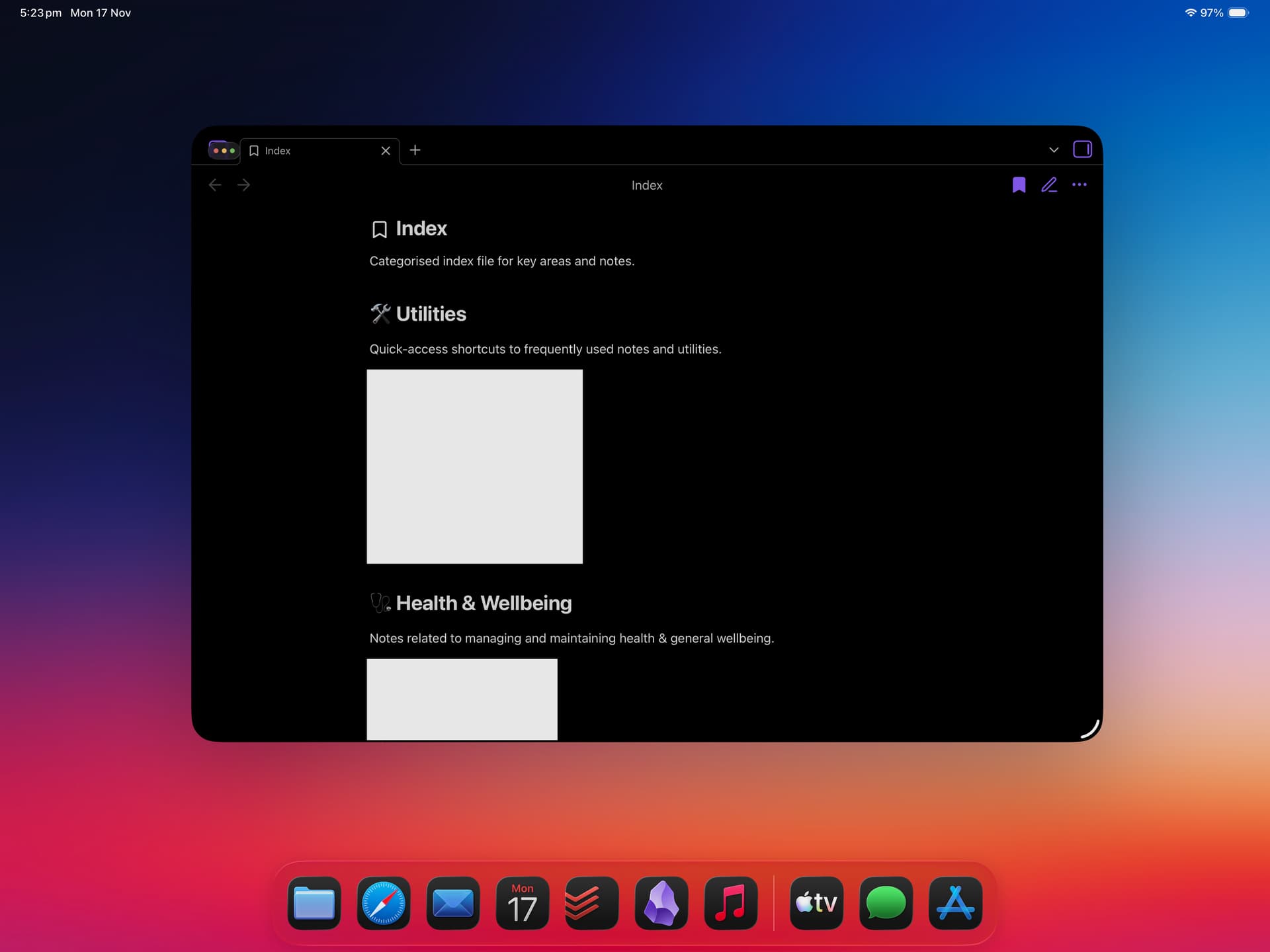 Obsidian sidebar on iPad OS (with Stage Manager enabled) obfuscated ...