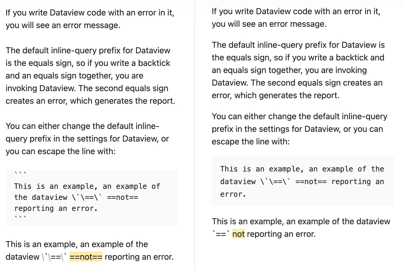 When I use the double equal sign, dataview will throw an error - Help ...