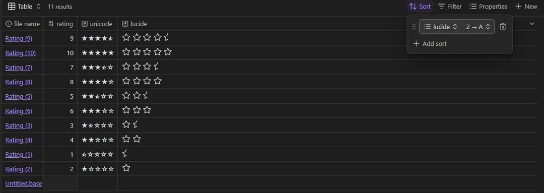 Sorting with unicode and lucide in Bases - Help - Obsidian Forum