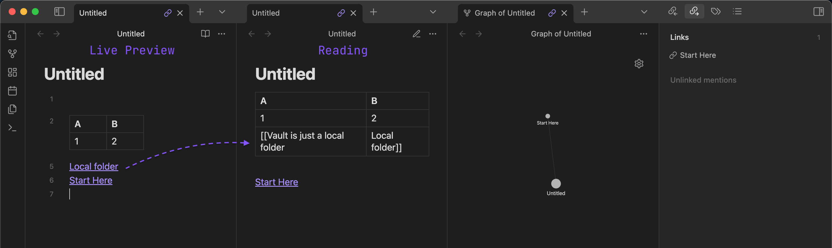 Internal link with display text underneath table not showing in graph/linked views - Bug ...