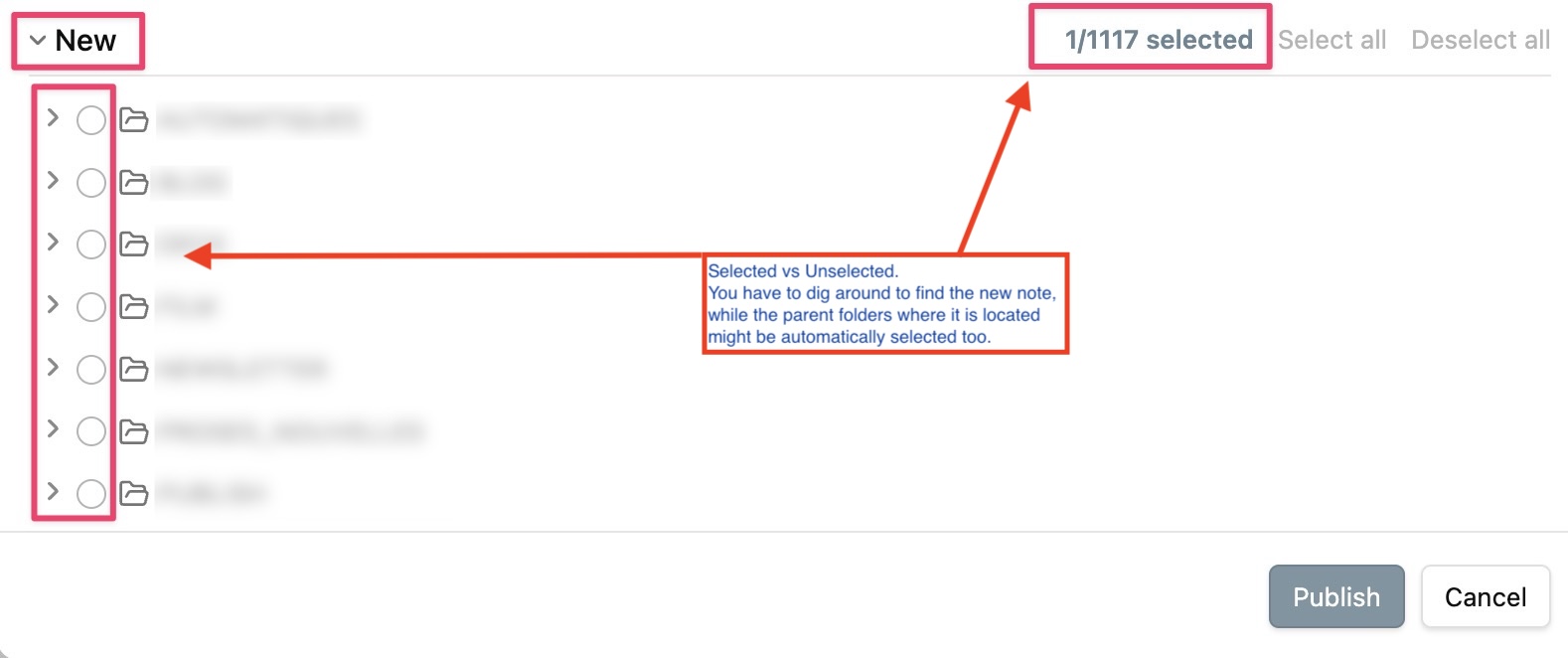 Obsidian Publish - Visual cue for "partly-selected" folders - Feature requests - Obsidian Forum