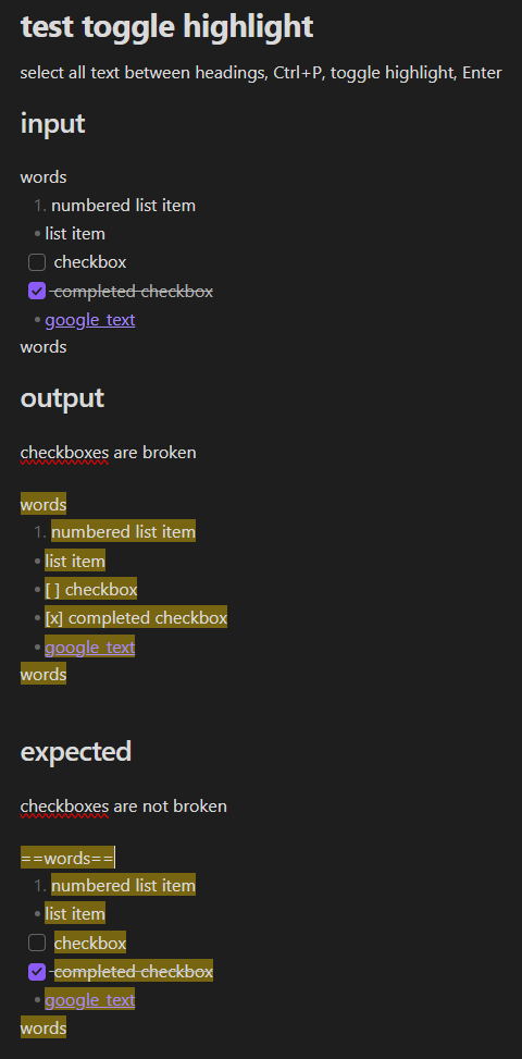 Toggle highlight breaks checkboxes if whole of line selected - Bug reports - Obsidian Forum