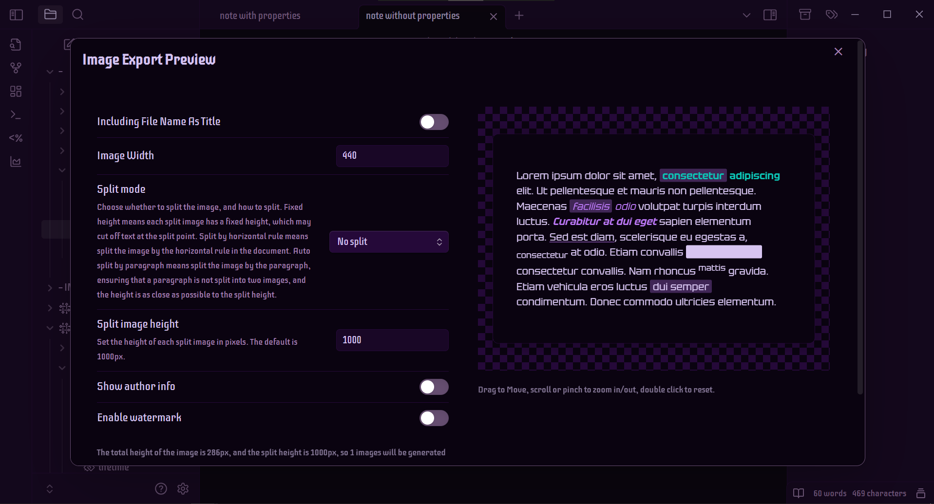 Extended markdown syntax not rendering in export image plugin when a note has properties - Help ...